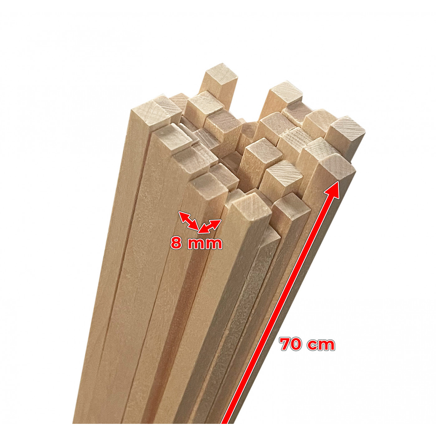 Set of 50 wooden sticks (square, 8x8 mm, 70 cm length, birch wood ...