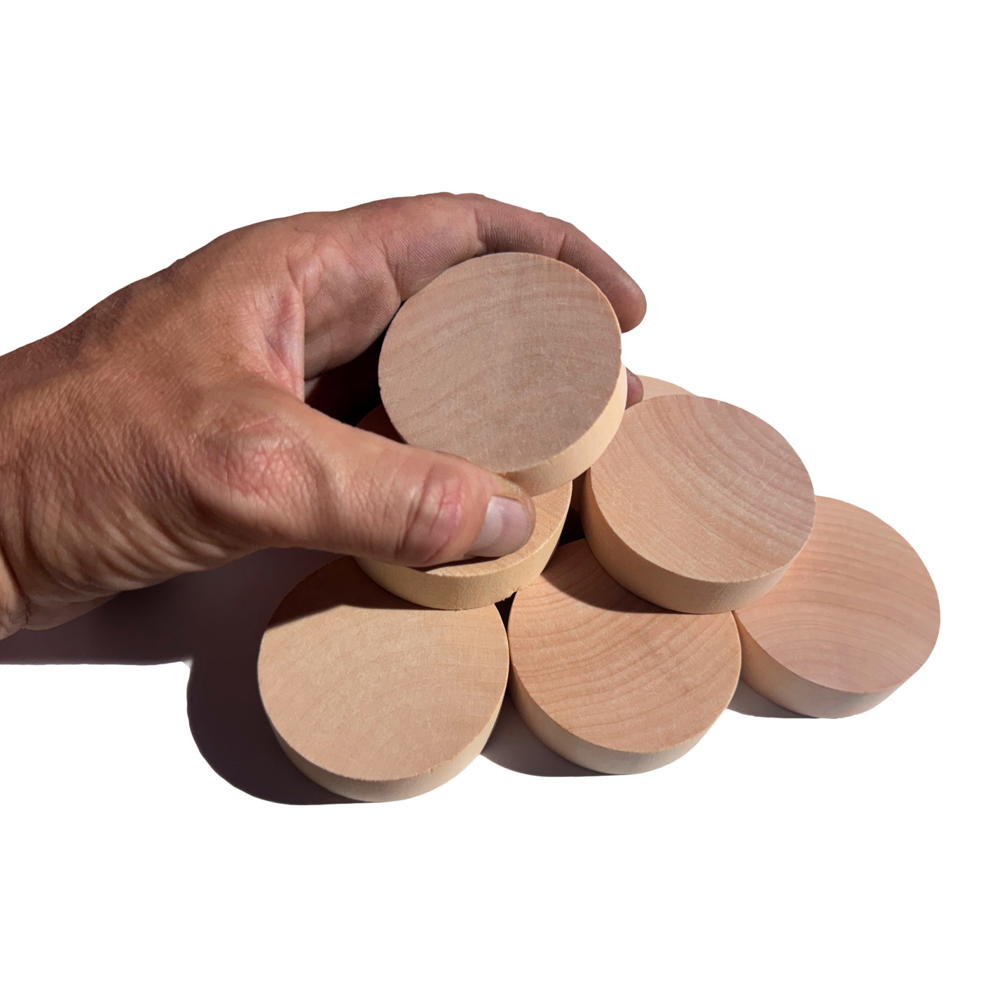 Set of 30 wooden discs (dia: 6 cm, thickness: 18 mm, schima wood ...