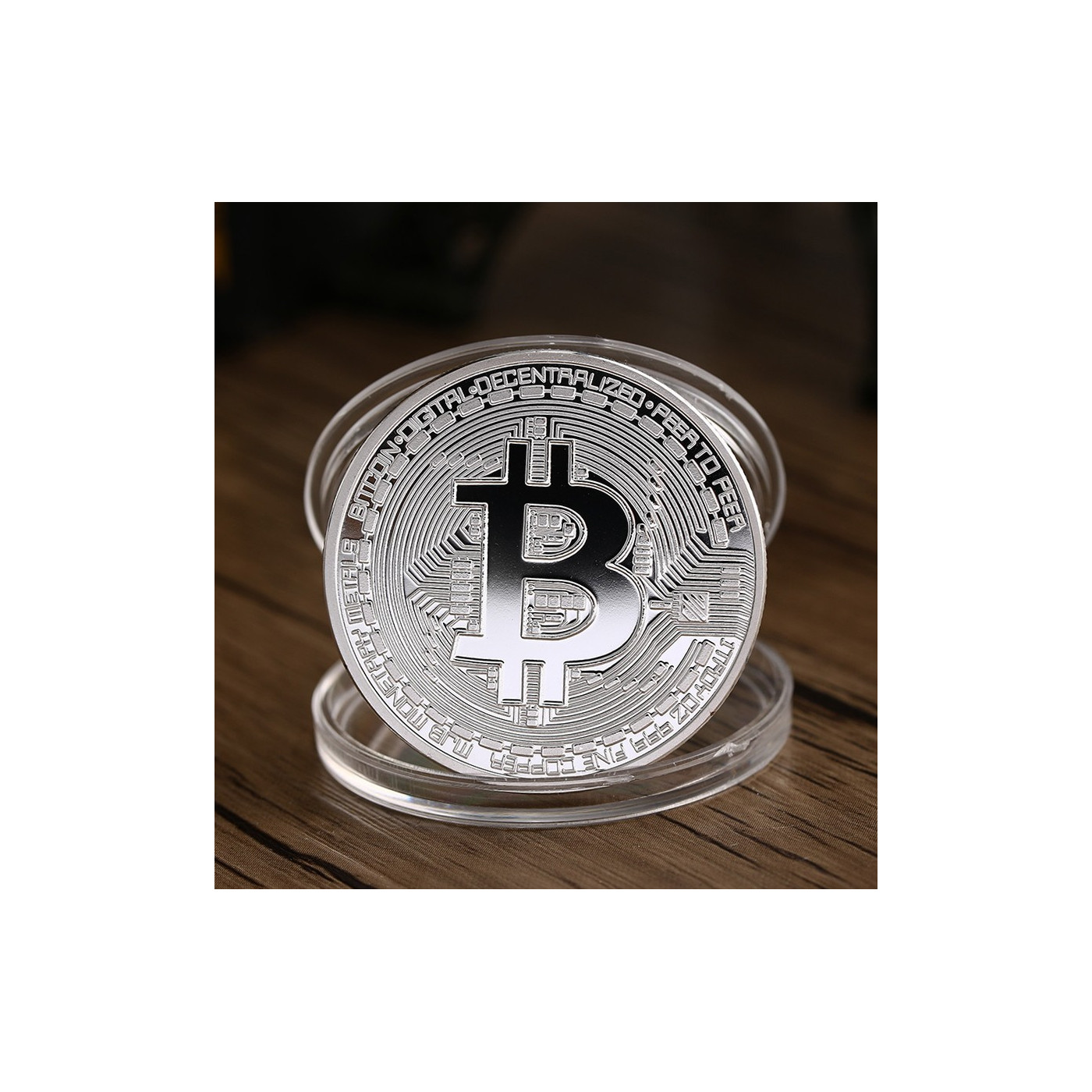 Bitcoin coin, silver color, in box - Wood, Tools & Deco